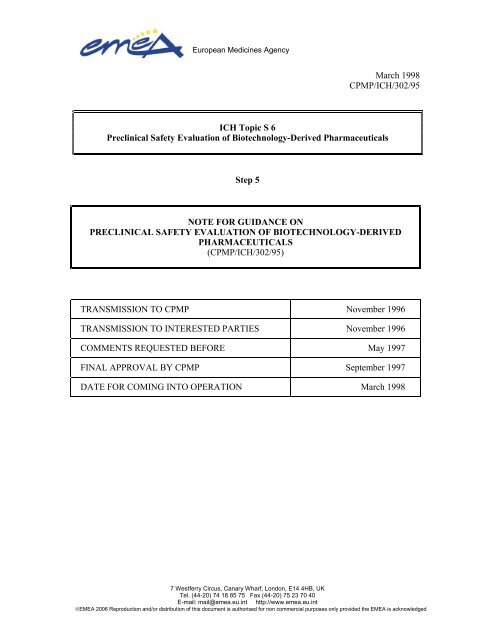 ICH-S6 Preclinical Safety Evaluation of Biotechnology-Derived Pharmaceuticals