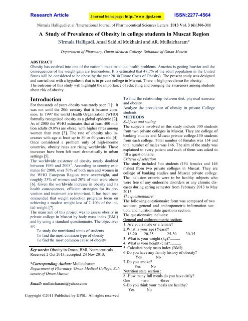 A Study of Prevalence of Obesity in college students in Muscat Region