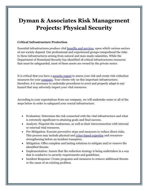 Dyman & Associates Risk Management Projects: Physical Security
