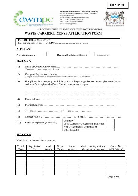 Waste Carrier License Application Form - CR.APP 01