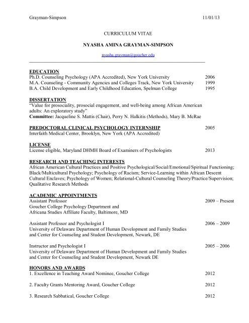 Nyasha Grayman-Simpson Goucher College Curriculum Vitae