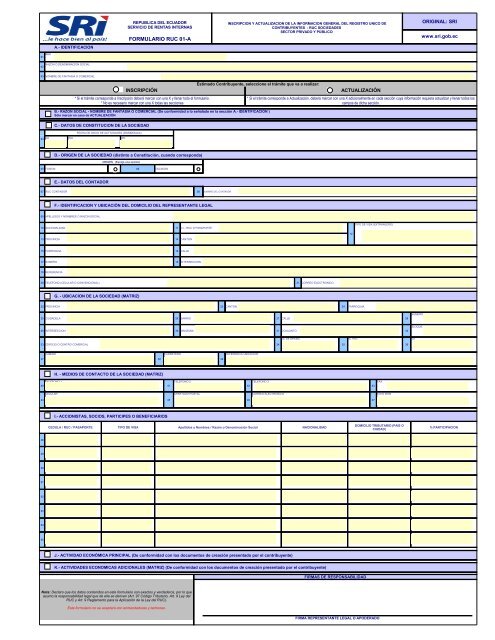 FORMULARIO RUC 01-A ORIGINAL: SRI www.sri.gob.ec INSCRIPCIÓN ACTUALIZACIÓN