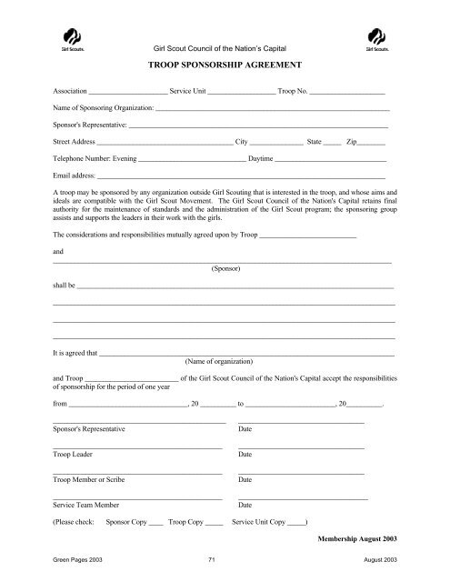 troop sponsorship agreement - Girl Scout Council of the Nation's ...