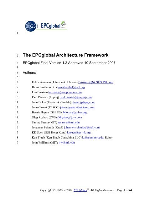 EPCglobal Architecture Framework V 1.2 - GS1