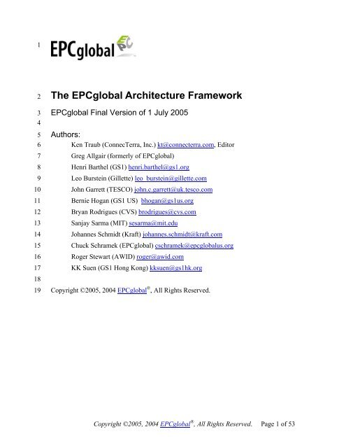 The EPCglobal Architecture Framework - GS1