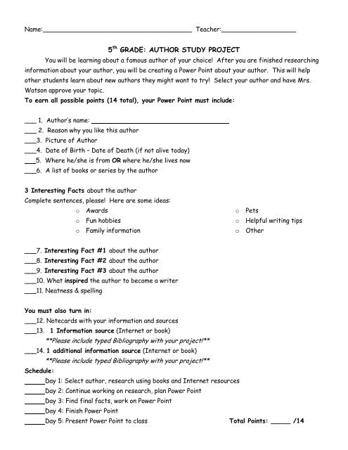 5th GRADE: AUTHOR STUDY PROJECT