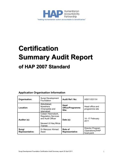 Audit Report: Summary Findings - HAP International