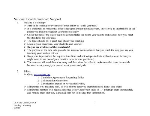 National Board Candidate Support handout - Harding University