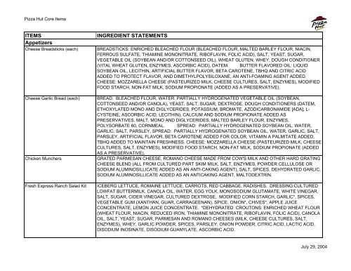 Ingredient Statement July 2004 - Pizza Hut