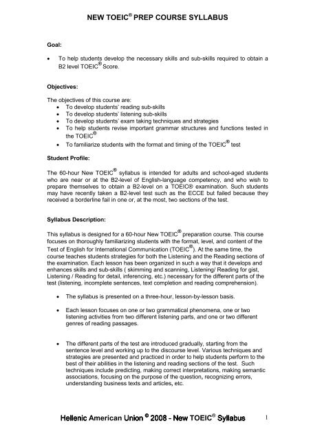 60-hour Syllabus for the New TOEIC - Hellenic American Union
