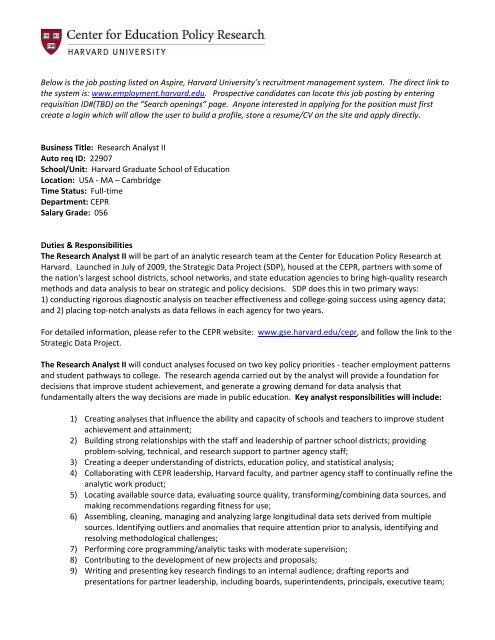 Below is the job posting listed on Aspire, Harvard University's ...