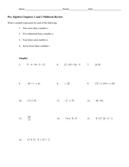 Pre Algebra Chapters 1 and 2 Midterm Review