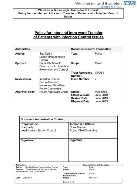 Inter and intra ward transfer policy for patients with infection ...