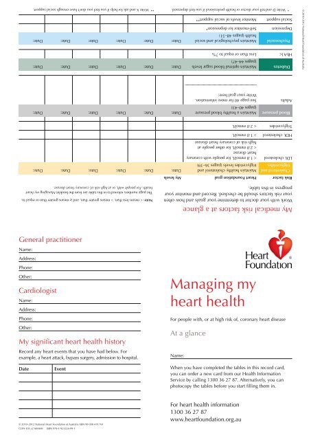 Managing my heart health. At a glance record card - Heart Foundation
