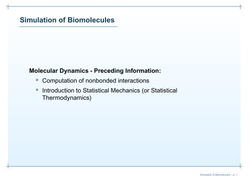 Course: Molecular dynamics - Introduction to statistical mechanics
