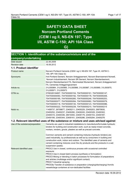 SAFETY DATA SHEET Norcem Portland Cements (CEM I og II, NS ...