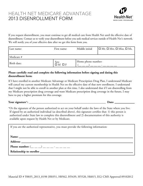 Disenrollment Form - Health Net
