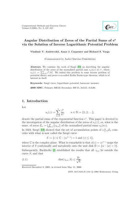 Angular Distribution Of Zeros Of The Partial Sums Of Ez Via The