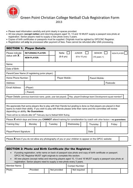 2013 GPCC Netball Club Registration Form - Green Point Christian ...