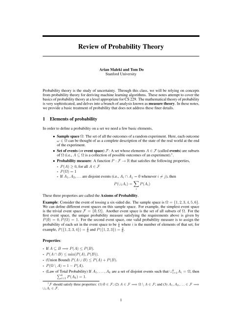 Review of Probability Theory - CS 229 - Stanford University Review of Probability Theory - CS 229 - Stanford University