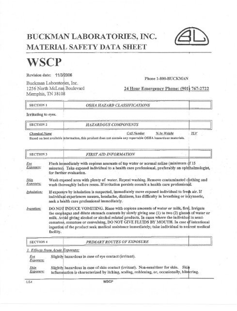 buckman laboratories, inc. materia~ safety data sheet l - Hillyard Inc.