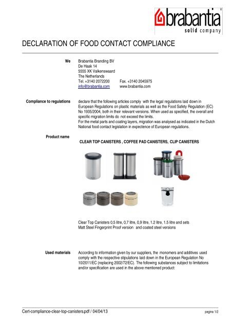 DECLARATION OF FOOD CONTACT COMPLIANCE - Brabantia