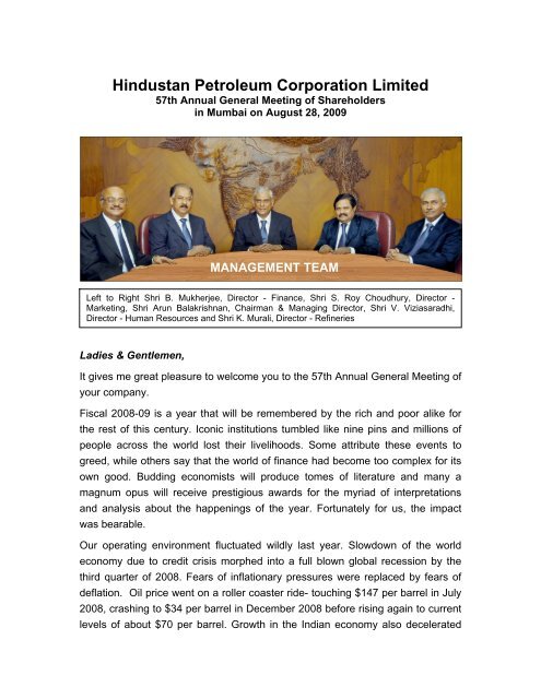 Chairman Speech - Hindustan Petroleum Corporation Limited