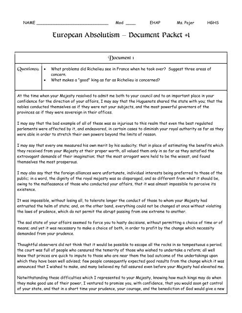 European Absolutism â Document Packet #1 - Historyteacher.net