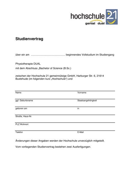 Studienvertrag - Hochschule 21