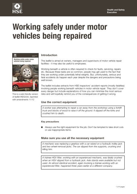 Working safely under motor vehicles being repaired INDG434 - HSE