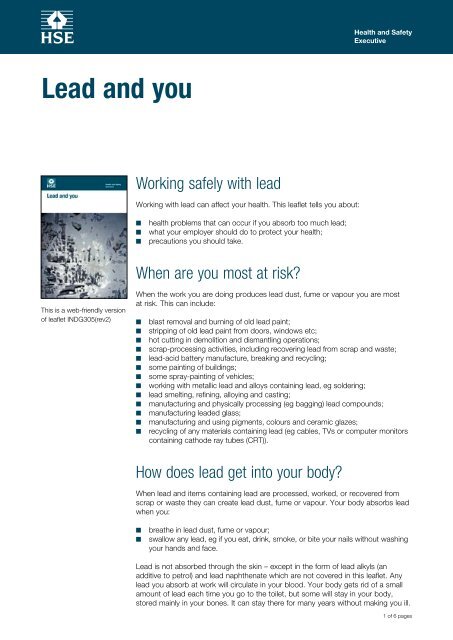 Lead and you - working safely with lead - indg305 - HSE