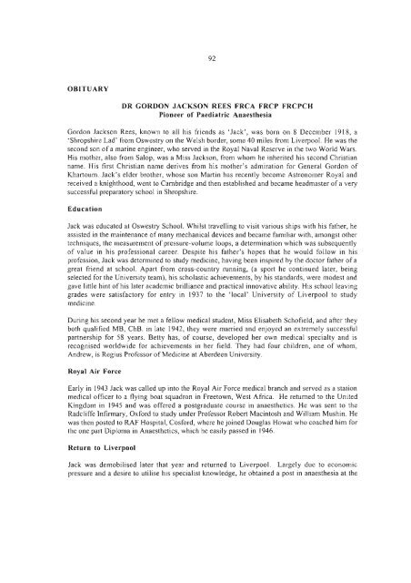 Dr G Jackson Rees - History of Anaesthesia Society