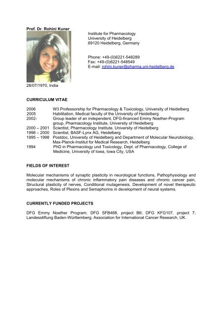 Prof. Dr. Rohini Kuner Institute for Pharmacology University ... - HBIGS