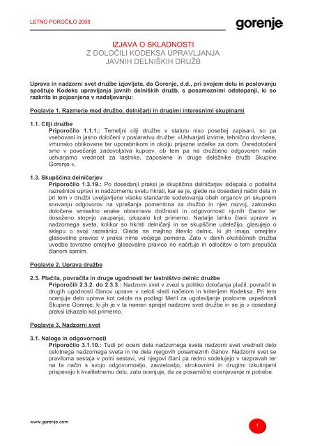 Izjava o skladnosti s kodeksom - Gorenje Group