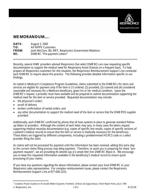 DMERC Prepayment Letter - Philips Healthcare