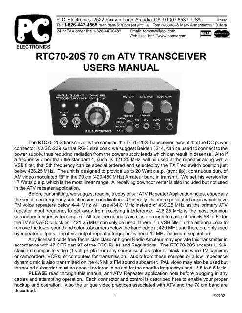 RTC70-20S 70 Cm ATV TRANSCEIVER USERS ... - PC Electronics