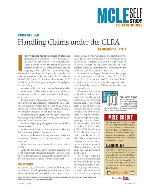 Handling Claims under the CLRA - Greenberg Traurig LLP
