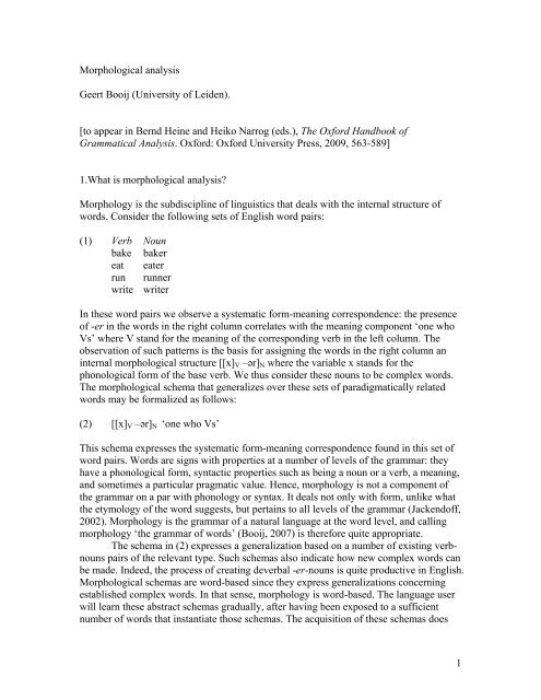 Morphological analysis Geert Booij (University of Leiden). [to appear ...