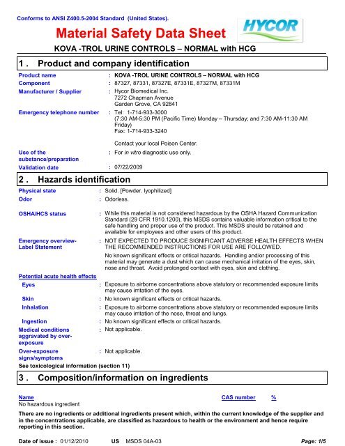 SDS KOVA-Trol Urine Controls-Normal with ... - Hycor Biomedical