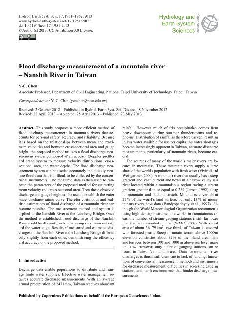 Flood discharge measurement of a mountain river - Hydrology and ...