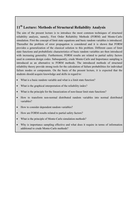 th 11 Lecture: Methods of Structural Reliability Analysis