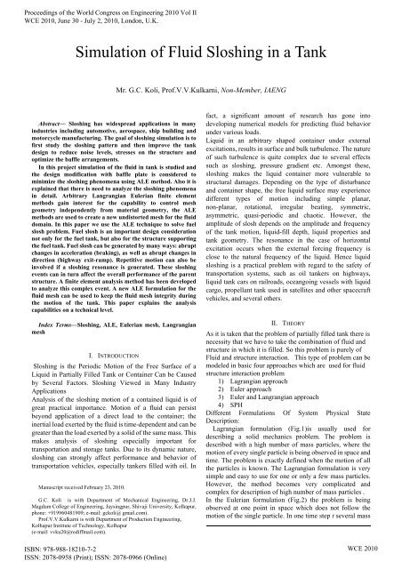 Simulation of Fluid Sloshing in a Tank - International Association of ...
