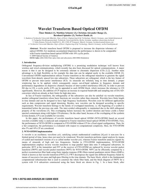 Wavelet Transform Based Optical OFDM - TU Berlin