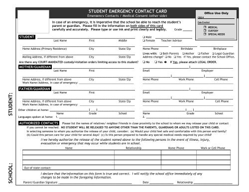 Student Emergency Contact Card