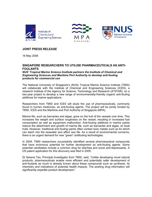 joint press release singapore researchers to utilise pharmaceuticals ...