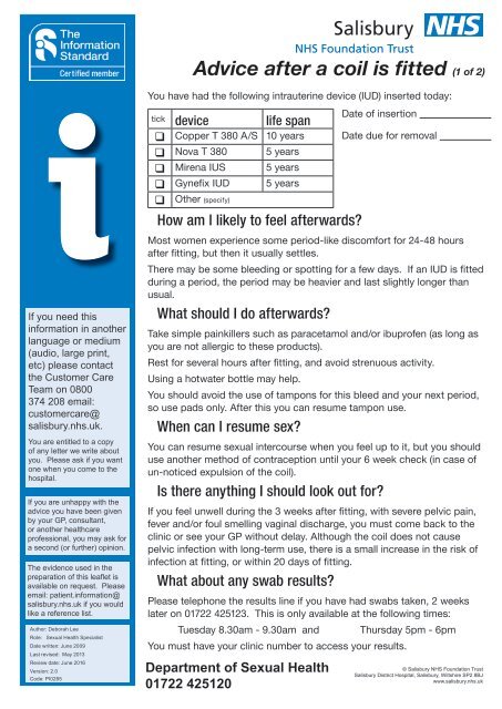 Advice after a coil - ICID - Salisbury NHS Foundation Trust
