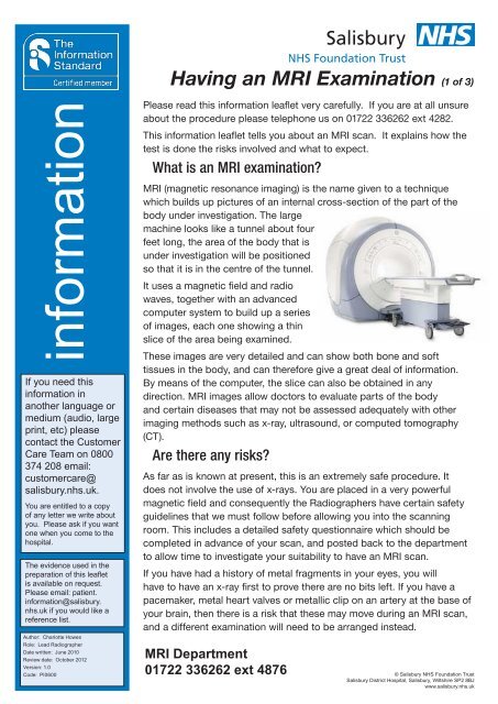 Having an MRI scan - ICID - Salisbury NHS Foundation Trust