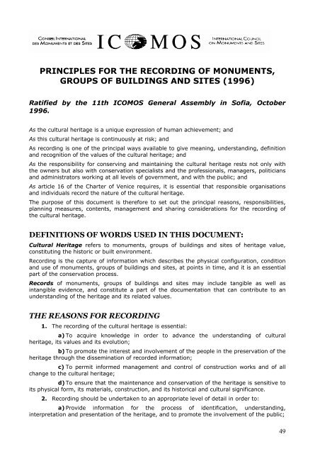 PRINCIPLES FOR THE RECORDING OF MONUMENTS ... - Icomos