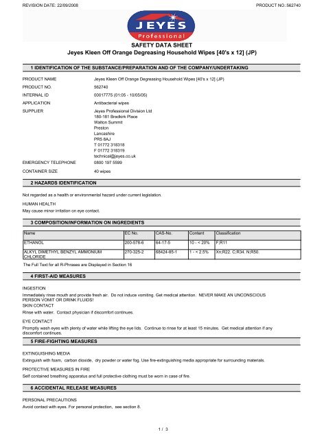 SAFETY DATA SHEET Jeyes Kleen Off Orange Degreasing ...