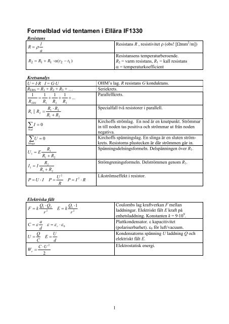 Formelblad vid tentamen i EllÃ¤ra IF1330